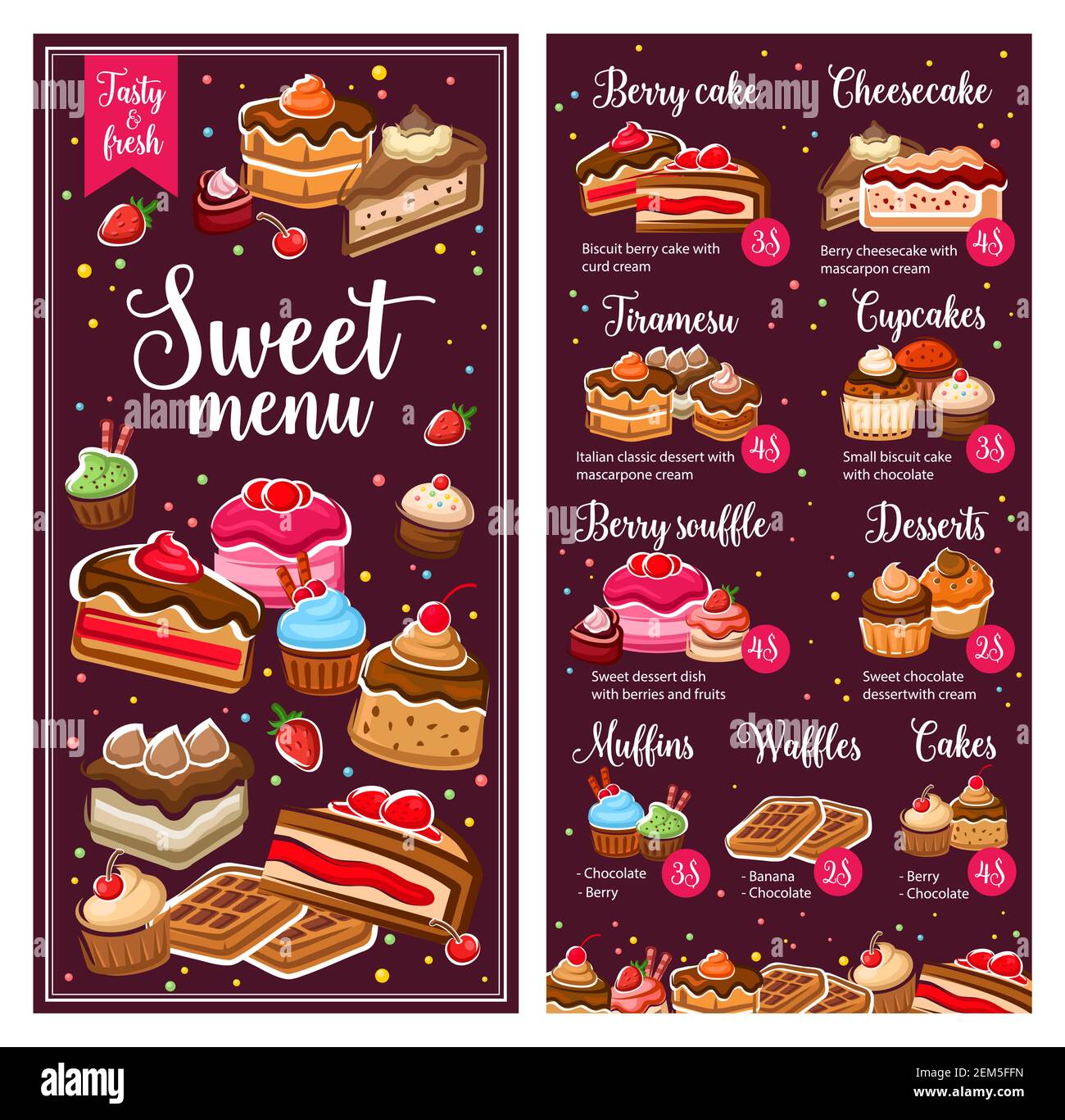 Baker shop pastry menu, bakery cakes and desserts, cafe patisserie ...