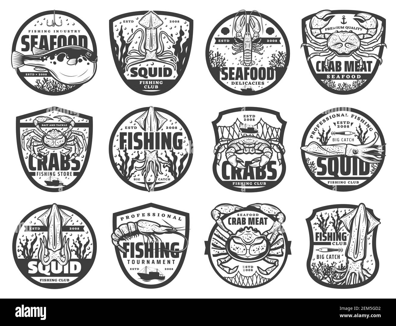 Sea fishing sport isolated icons, monochrome vector emblems for fishing ...