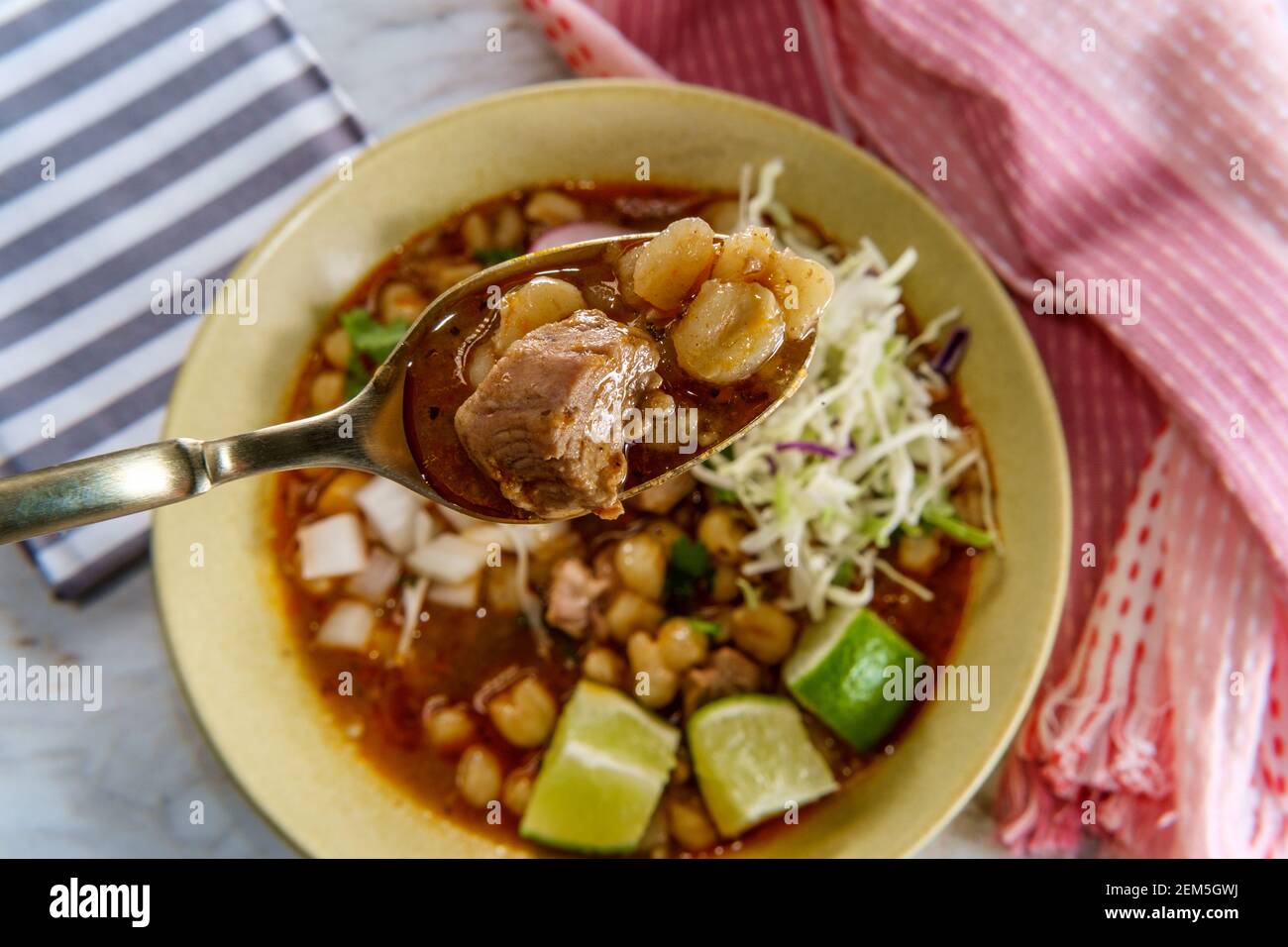 Mexican Pozole rojo pork and hominy stew with variety of fresh ...
