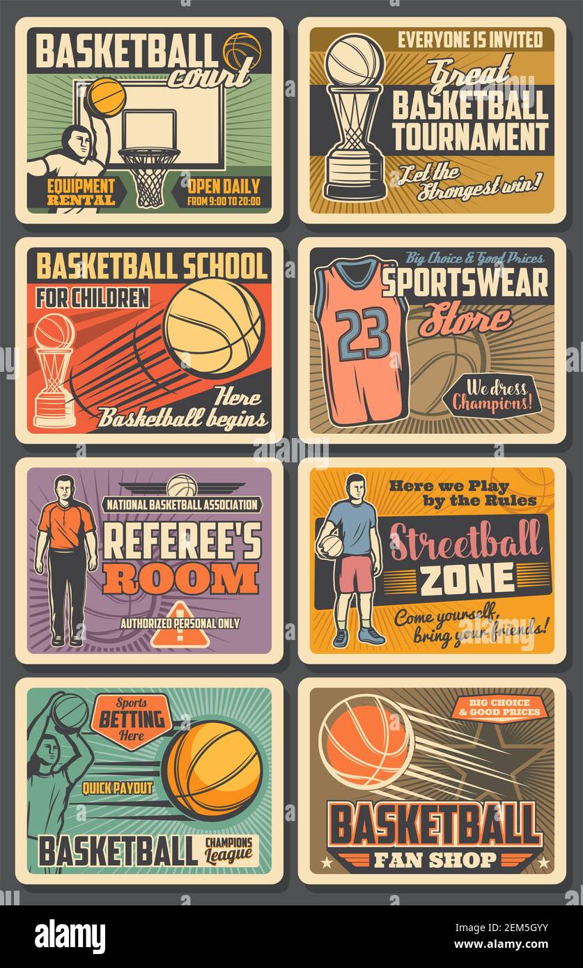 Basketball players vector retro posters. Sport game championship, match ...