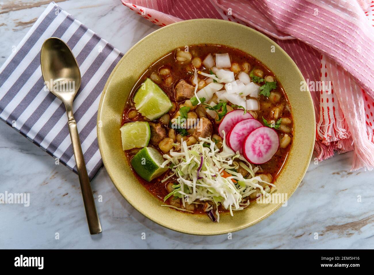 Mexican Pozole rojo pork and hominy stew with variety of fresh ...