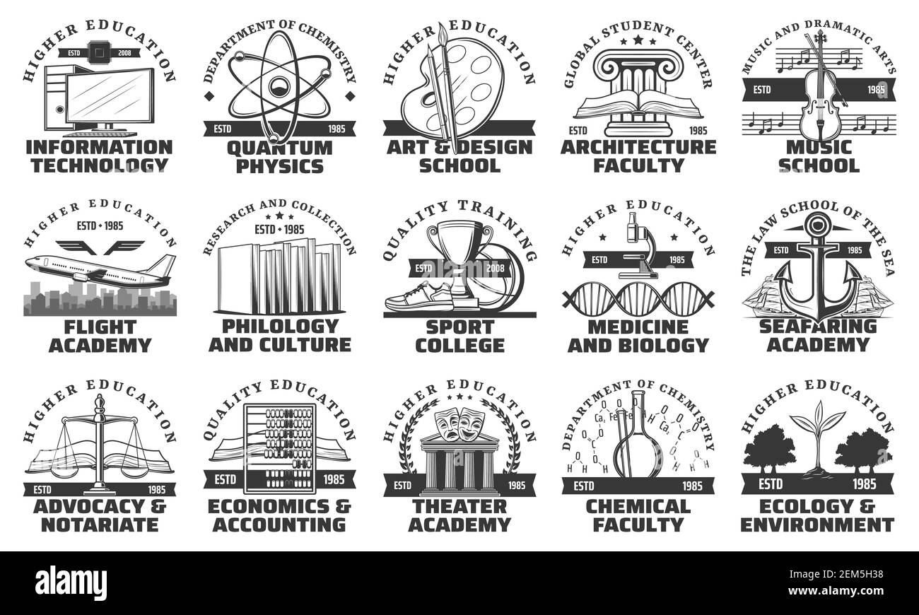 University, college and academy education vector icons. Higher school ...