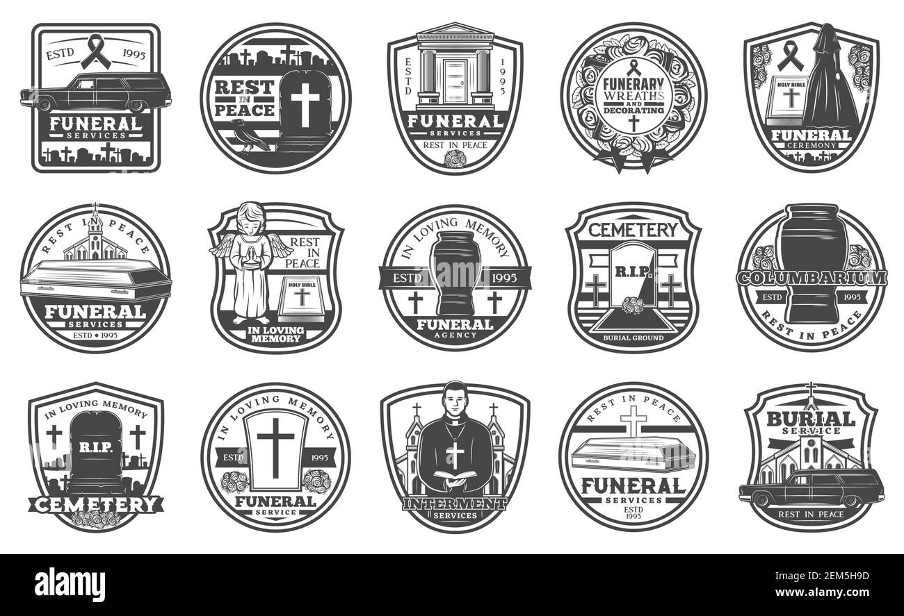 Cemetery tombstone and coffin vector icons, funeral and burial service ...