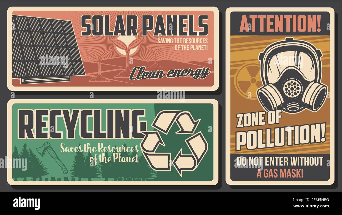 Environment retro posters, vector solar panels, attention warning with ...