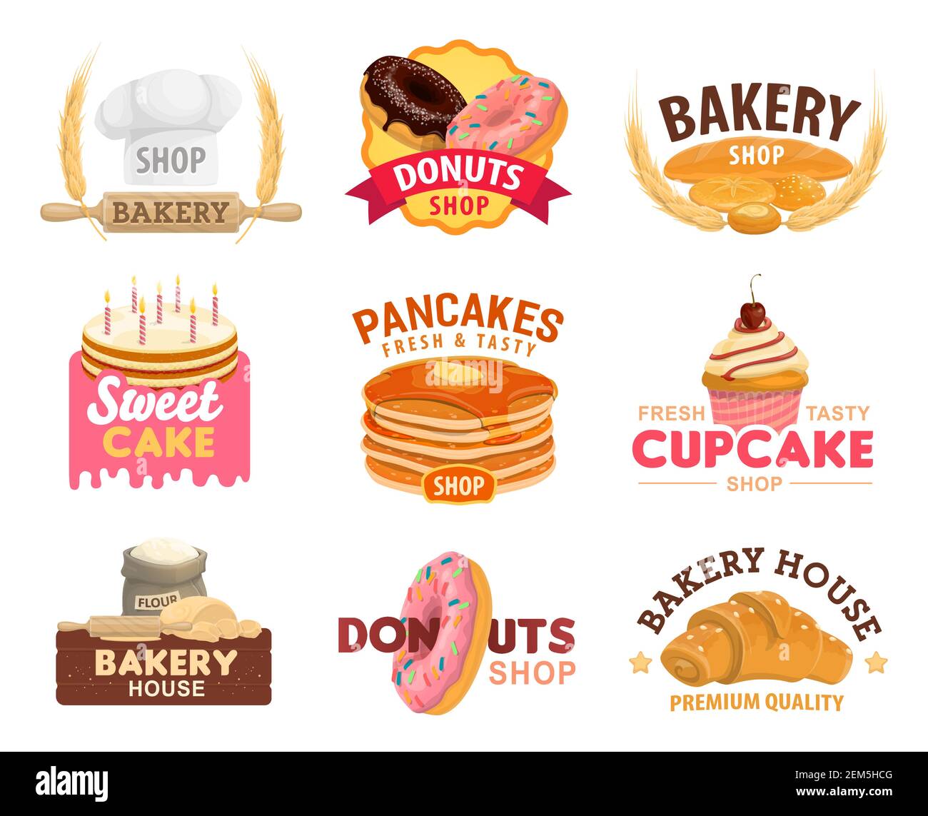 Bakery and pastry shop vector icons. Wheat bread, baguette and ...