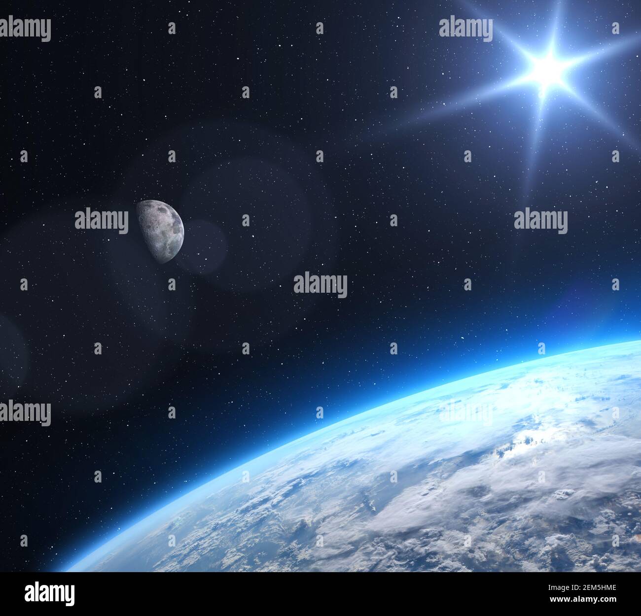 Blue planet Earth and Moon in deep space.Science fiction wallpaper ...
