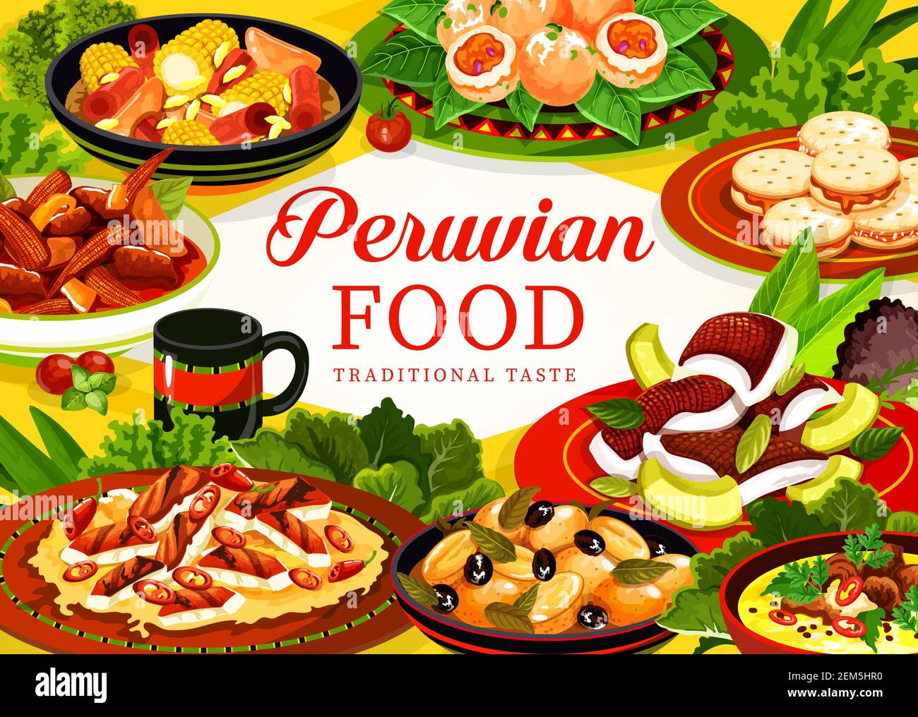 Peruvian food vector frame of meat and vegetable stews, fish avocado ...
