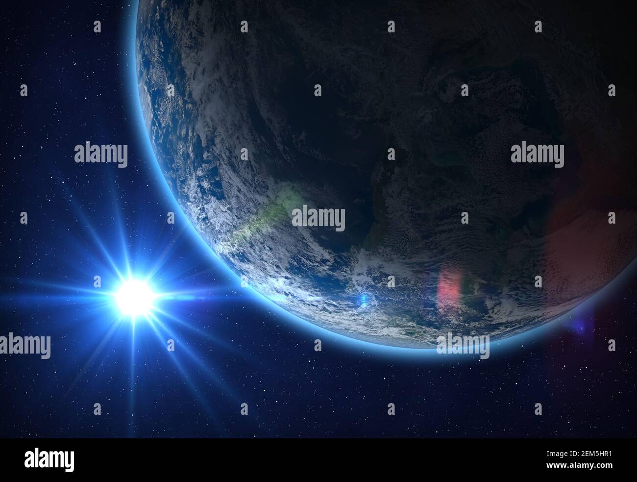 Planet Earth in cosmos and bright Sun. View of Earth from space ...