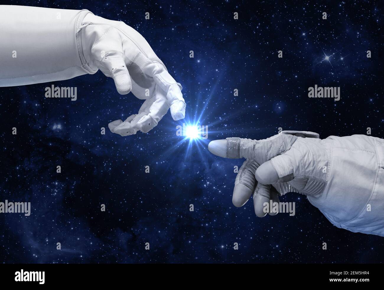 Hand of astronaut and robot near star. Concept Encounters. Contact with ...