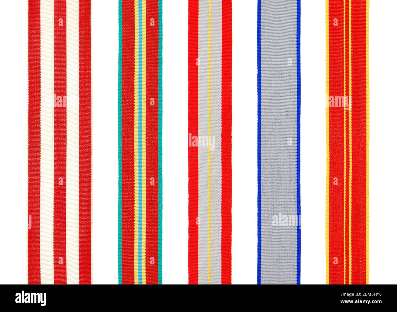 Set of 5 different military ribbons for medal isolated on white ...