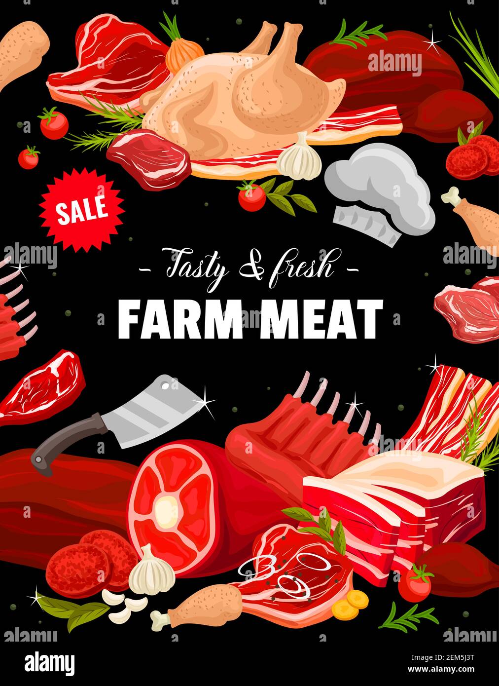 Beef, pork, ham, bacon and turkey meat. Vector steaks, bacon stripes ...