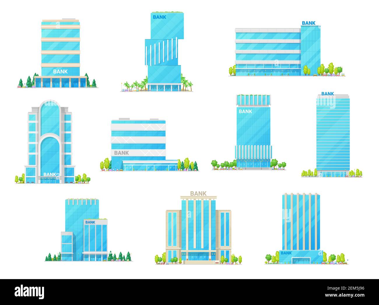Bank, office and financial building vector icons. Tall office buildings ...