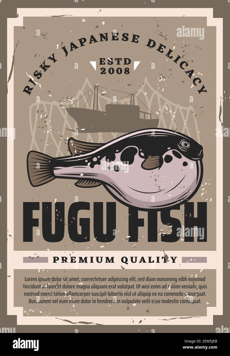 Fugu fish Japanese cuisine delicacy retro poster. Vector pufferfish ...