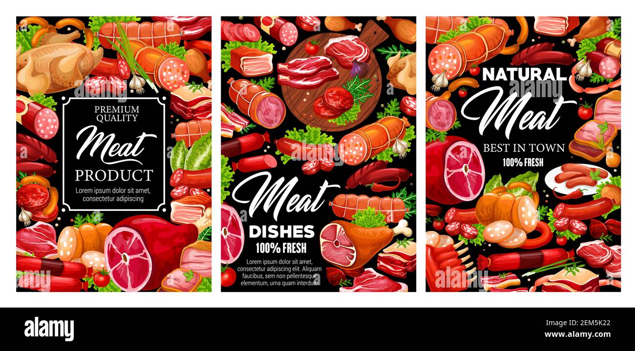 Meat, sausages and butcher shop products. Vector pork ham and veal ...
