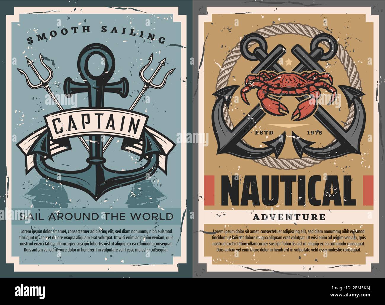 Nautical vintage posters set with ship anchor, crossed marine tridents ...
