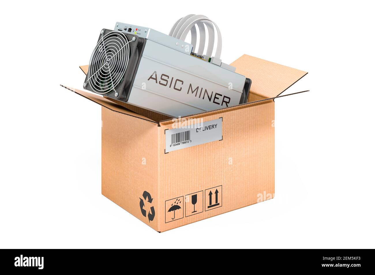 ASIC miner inside cardboard box, delivery concept. 3D rendering isolated on white background ...