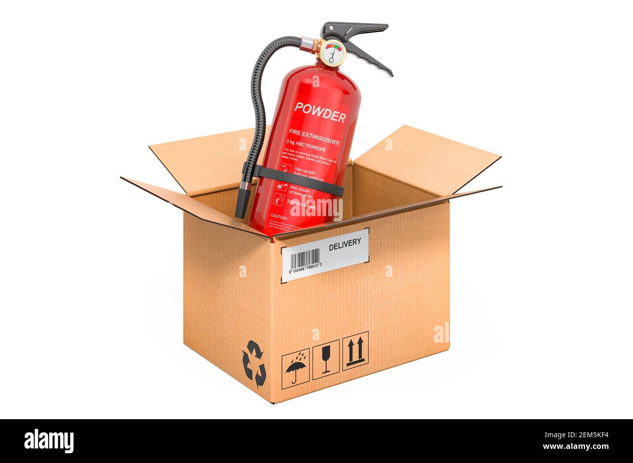 Fire extinguisher inside cardboard box, delivery concept. 3D rendering ...
