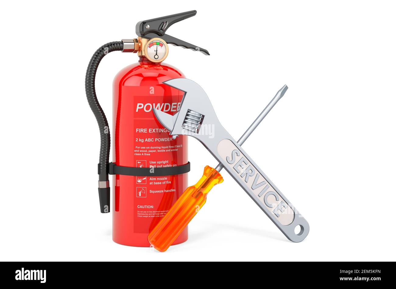 Service and repair of fire extinguisher, 3D rendering isolated on white ...