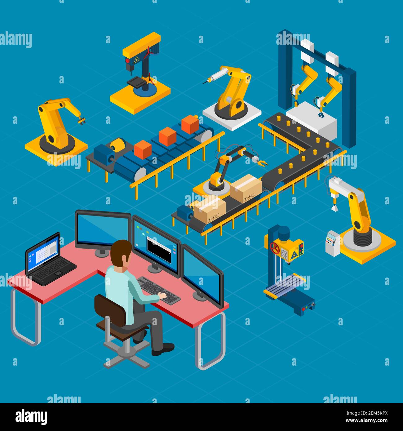 Industrial machines isometric composition of human guided operating ...