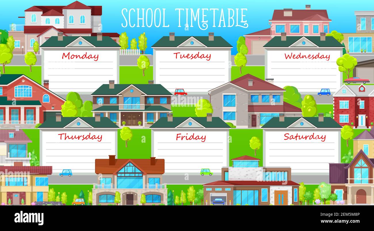 School timetable vector schedule template with cartoon buildings and ...