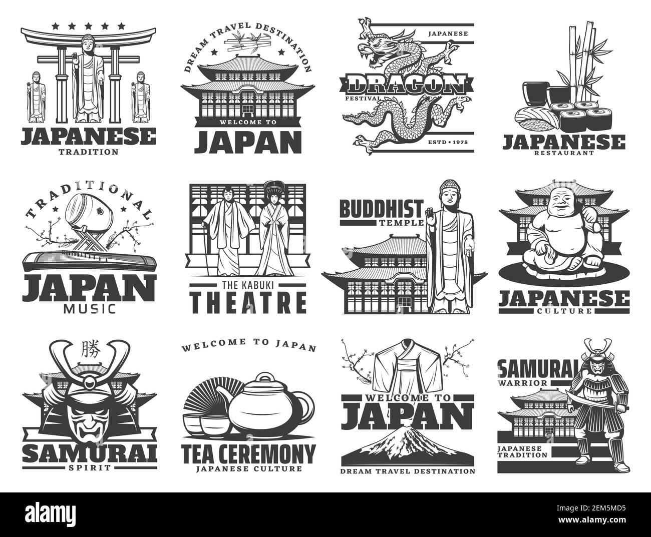 Japanese culture and travel, traditions and landmark vector icons. Fuji ...