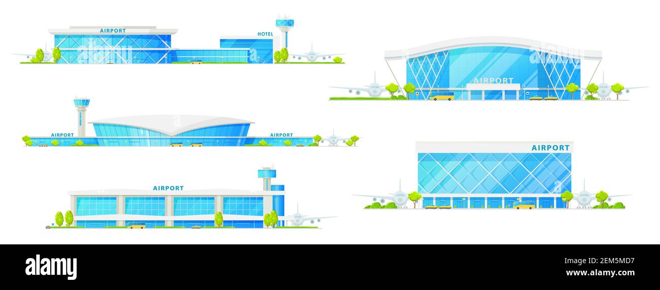 Airport buildings with glass facade vector isolated icons. Airplane ...