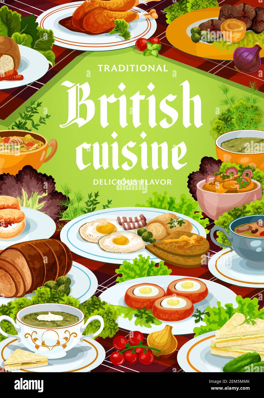 Britain cuisine vector food meals english kidney soup, scones and ...