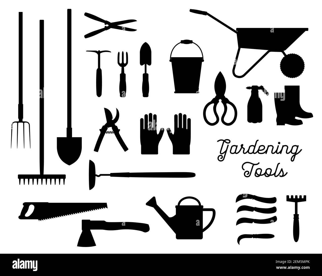Gardening Tools Black Silhouettes Set Isolated Vector Gardener