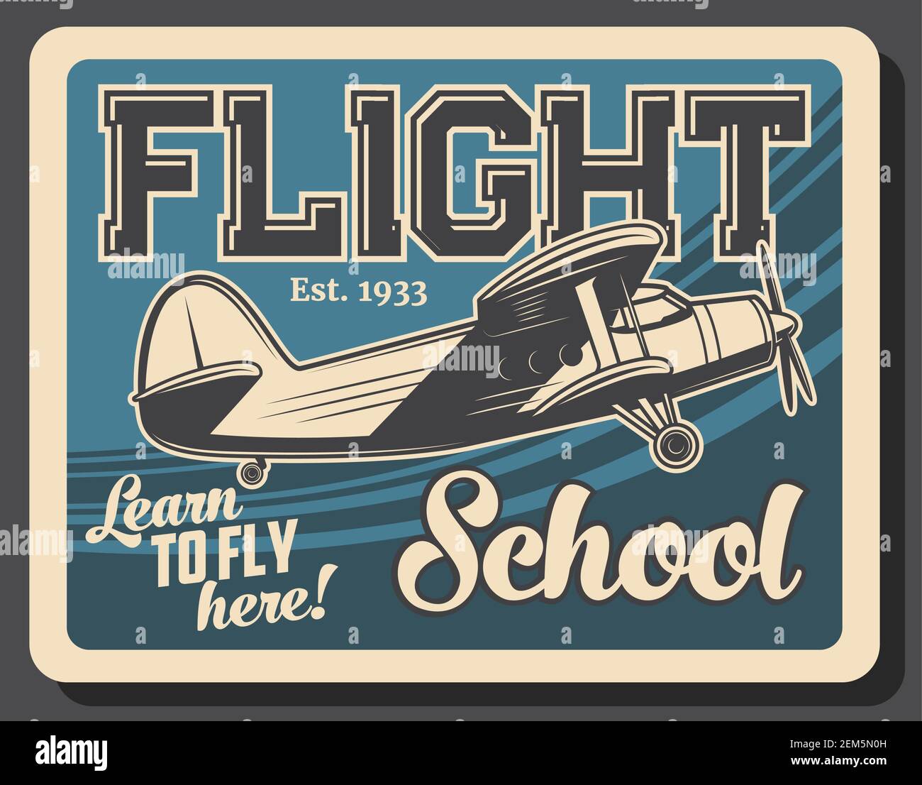 Flight school retro vector poster. Vintage plane flying in sky ...