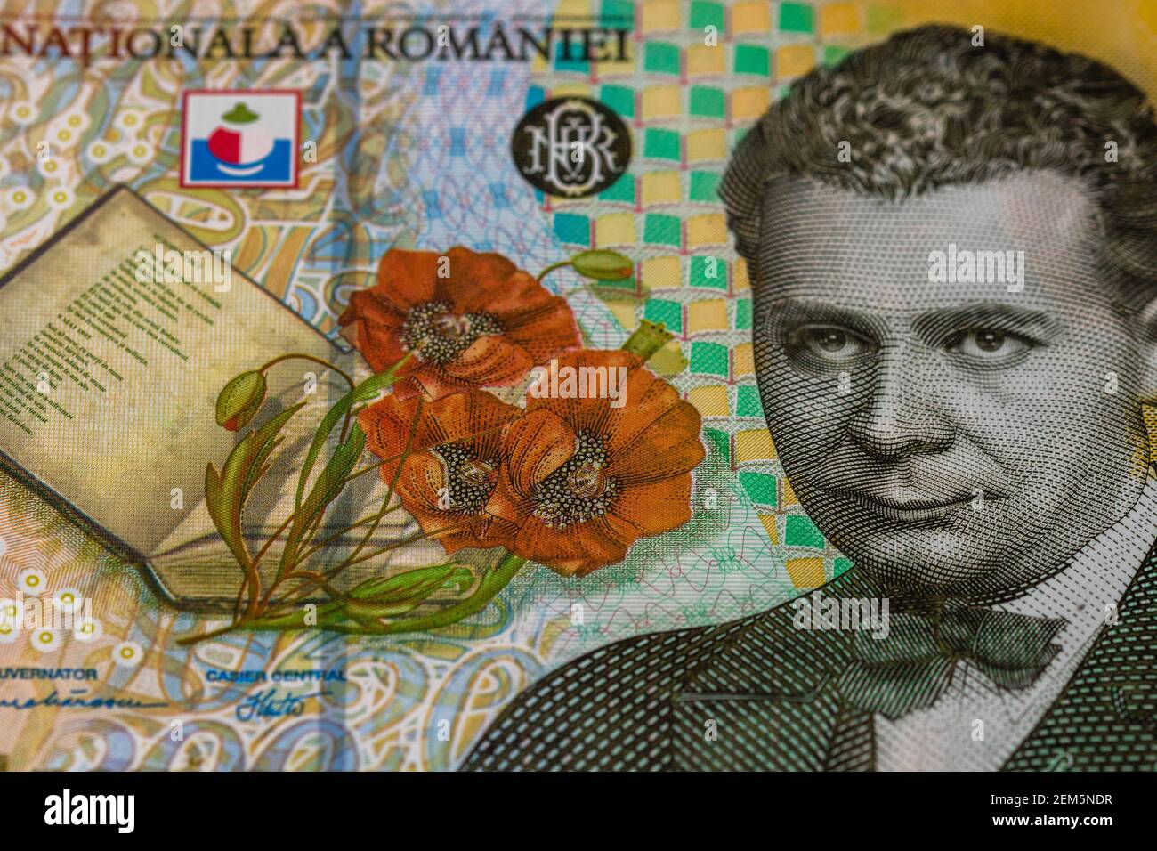 Selective focus on detail of lei banknotes. Close up macro detail of ...
