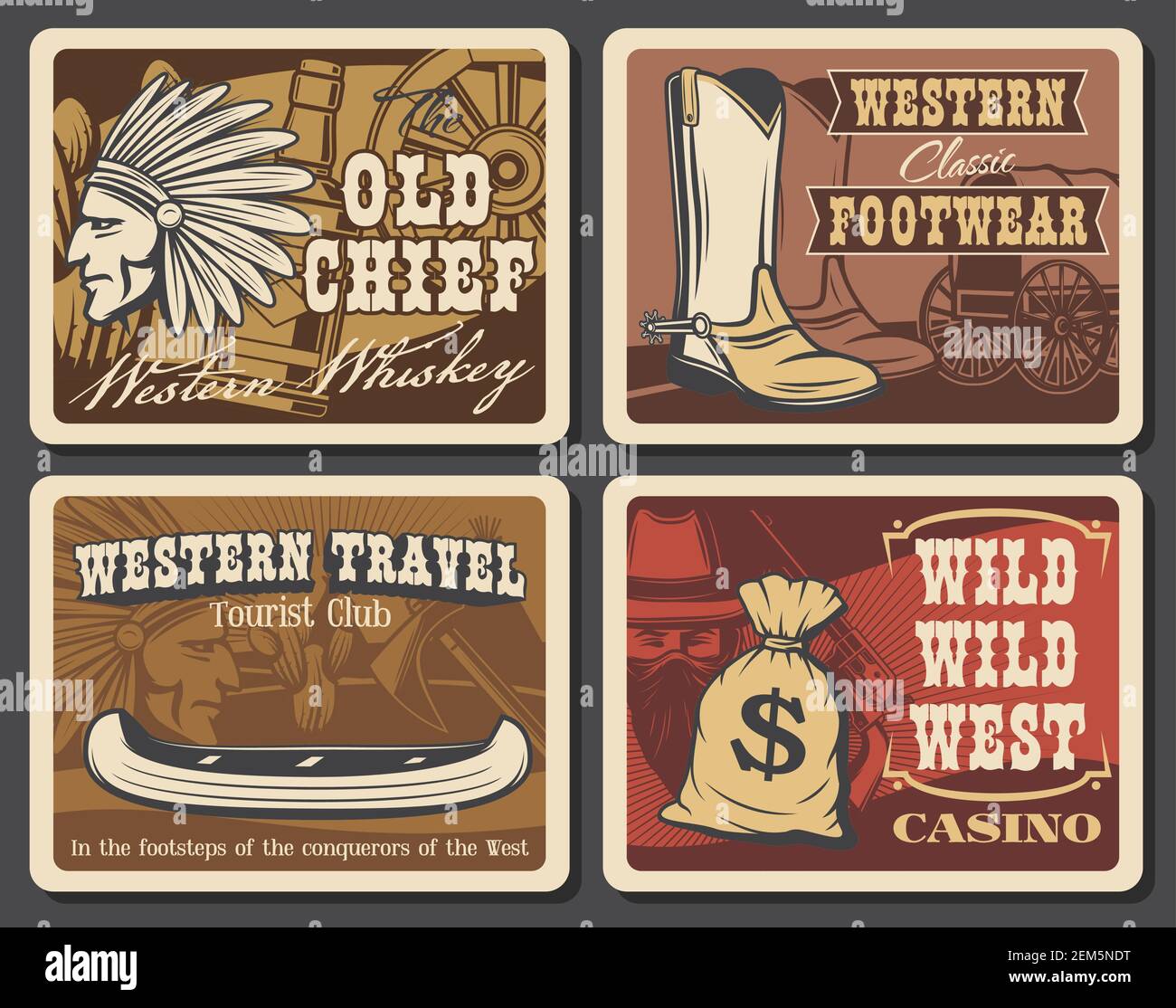 Wild west and western retro posters. Vector grunge cards with cowboy ...