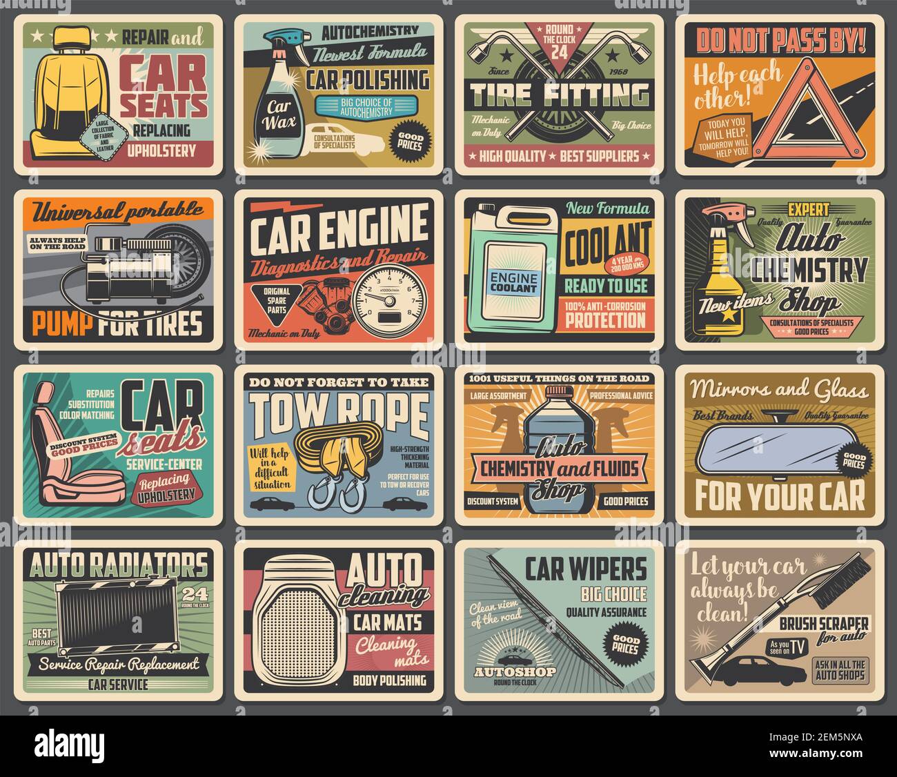 Car spare parts, maintenance vector retro posters. Vehicle repair ...