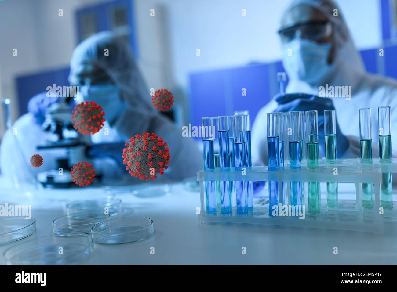Doctor in the laboratory analyzes samples under a microscope ...