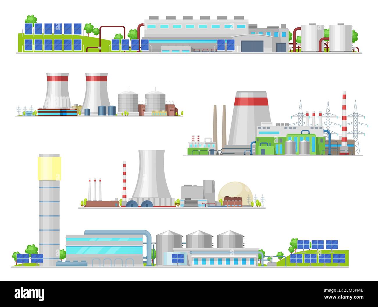Nuclear and power plant, gas station isolated vector building icons ...