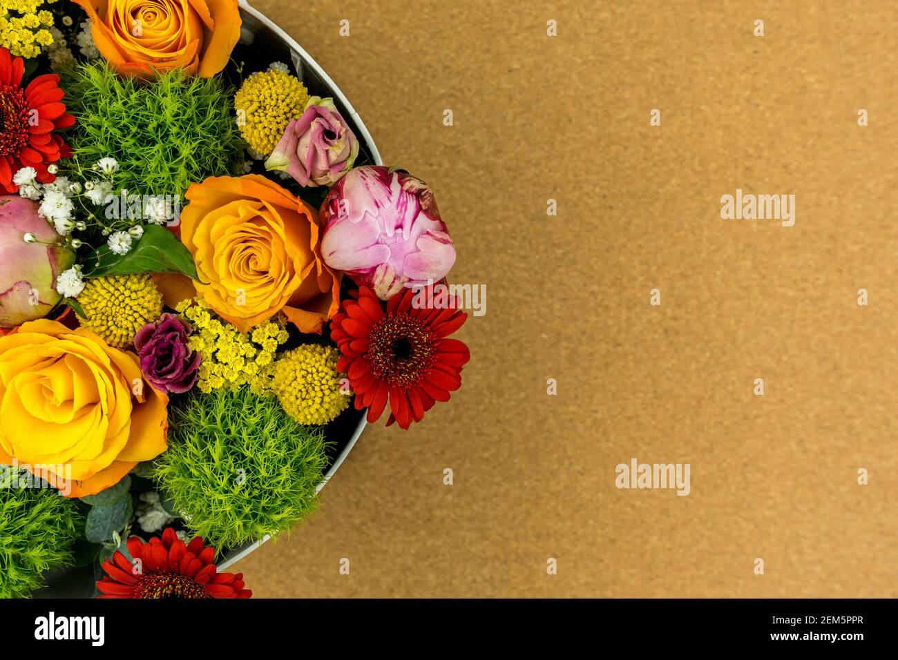 Flower bouquet of different colorful on the natural wood background ...
