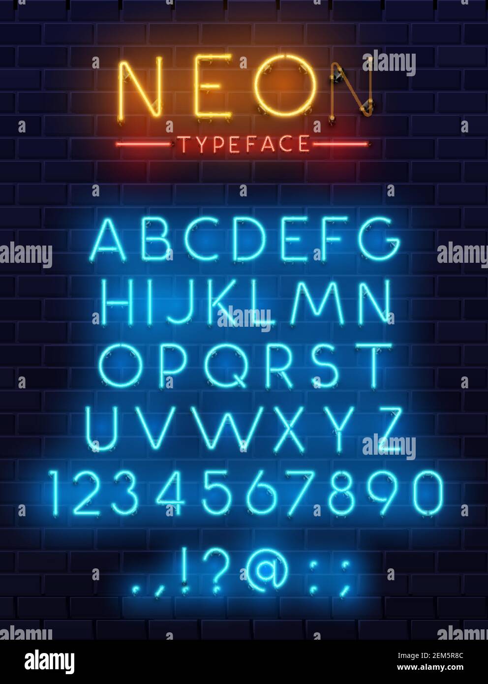 Neon type font, glowing vector alphabet letters, digits and punctuation ...