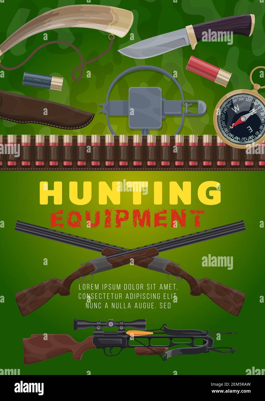 Hunting equipment, vector rifles, crossbow and horn, knife, compass ...