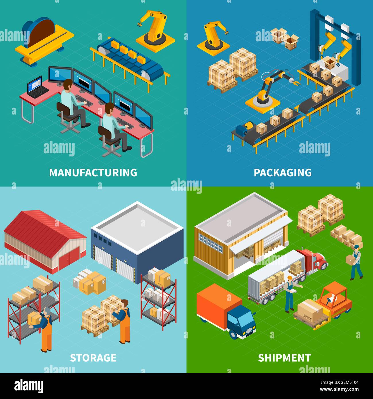 Industrial machines isometric design concept with four compositions of ...