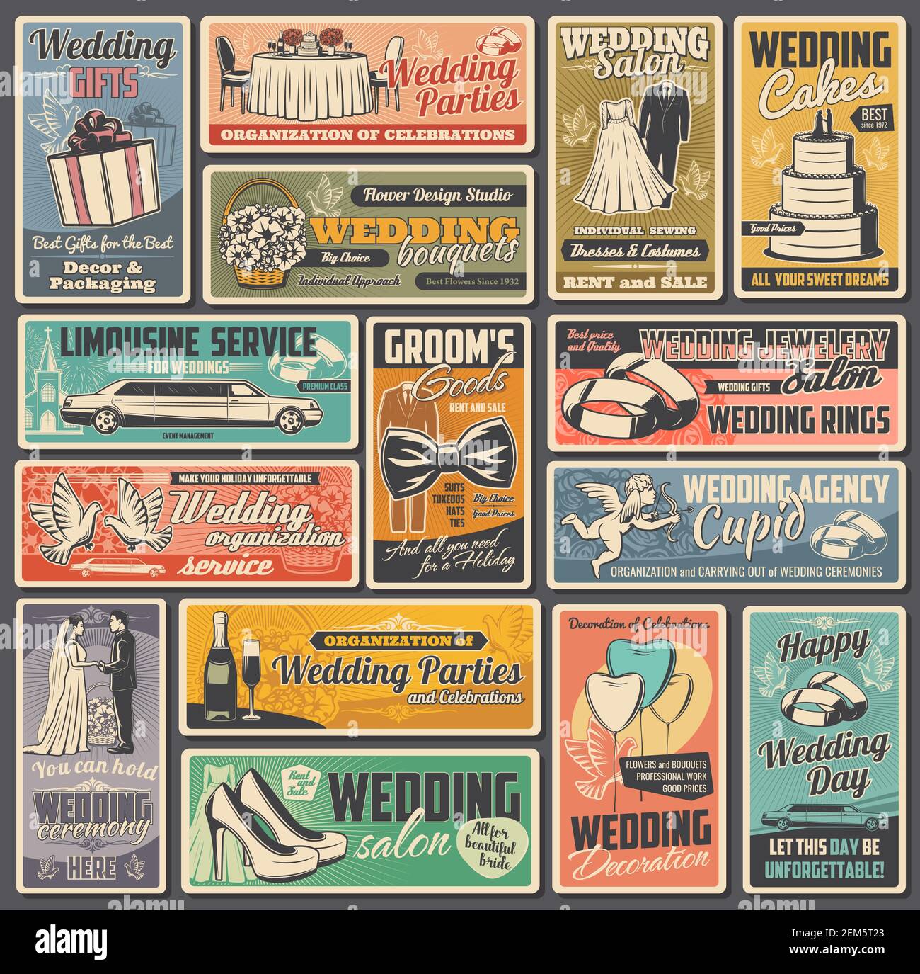Wedding and marriage ceremony vintage vector posters. Bride and groom ...