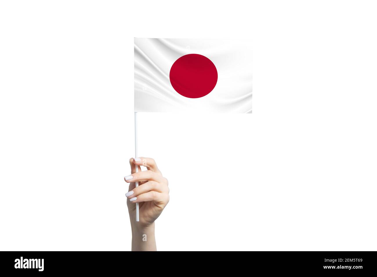 Beautiful female hand holding Japan flag, isolated on white background ...