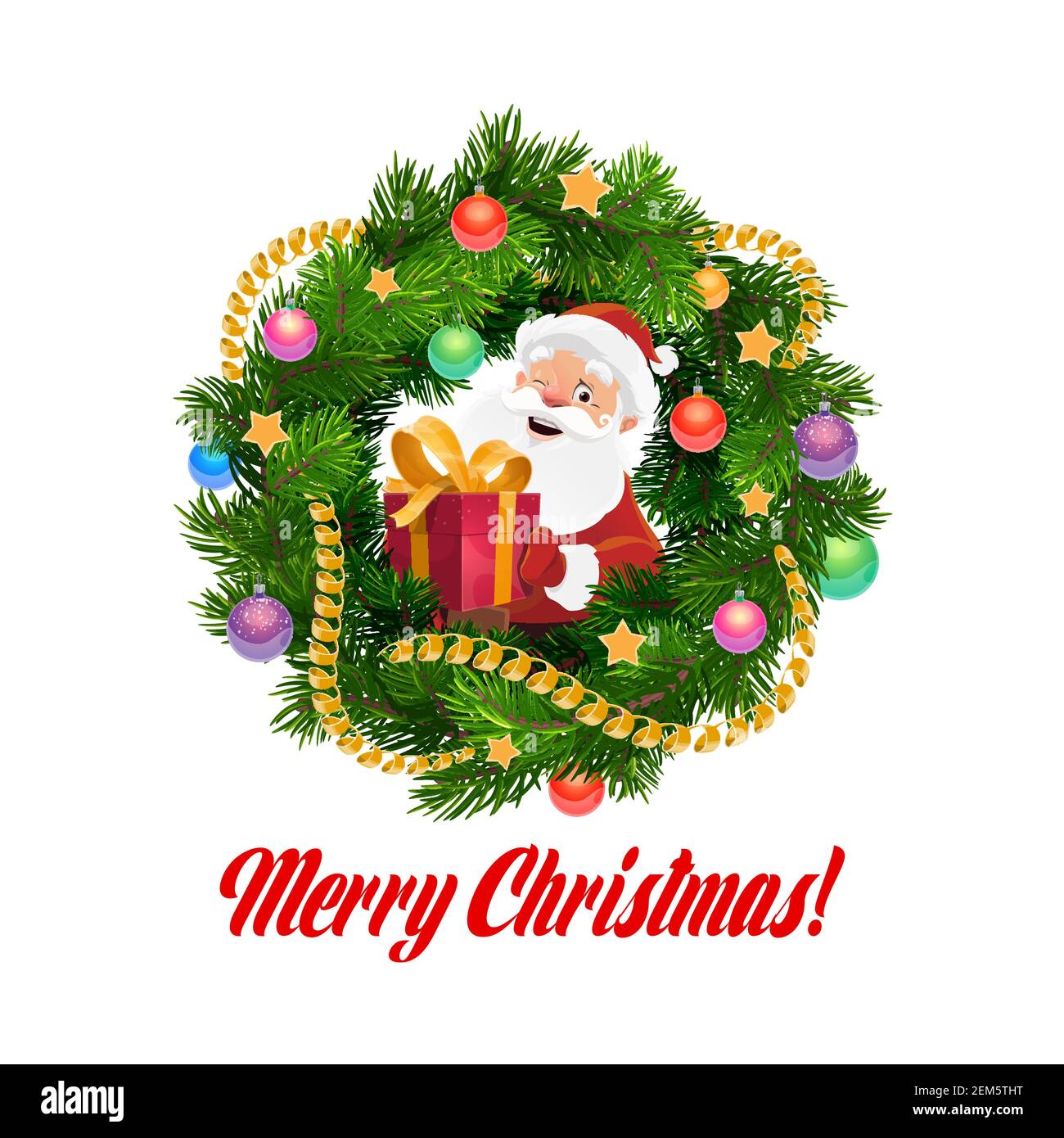 Christmas wreath with Santa and Xmas gift box vector greeting card ...