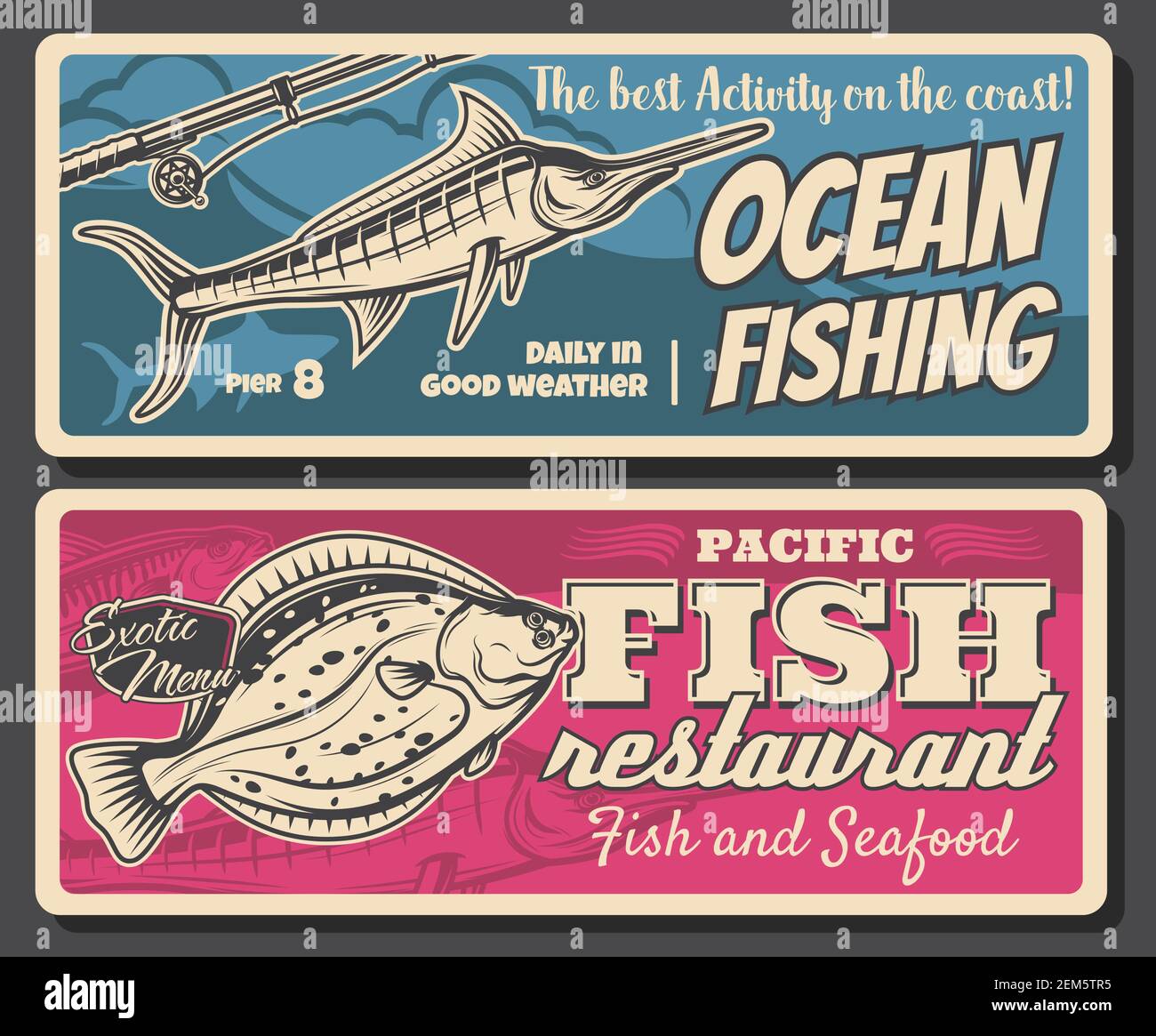 Fish and fisherman rod retro banners of fishing sport club and seafood ...