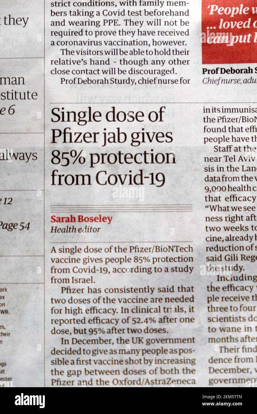 "Single dose of Pfizer jab gives 85% protection from Covid-19" Guardian ...