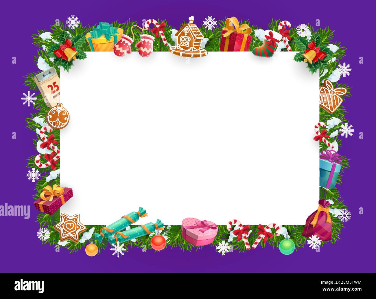 Christmas frame of Xmas tree, gifts and stocking with copy space ...