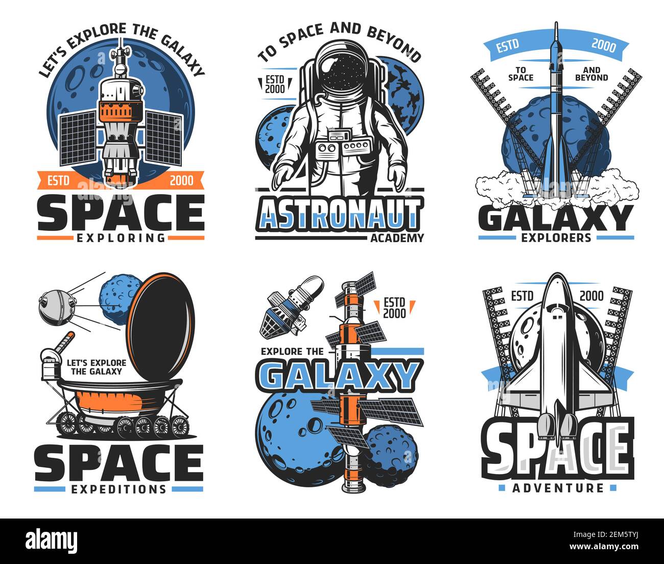 Space icons with astronaut, rockets and galaxy planets, astronomy and ...