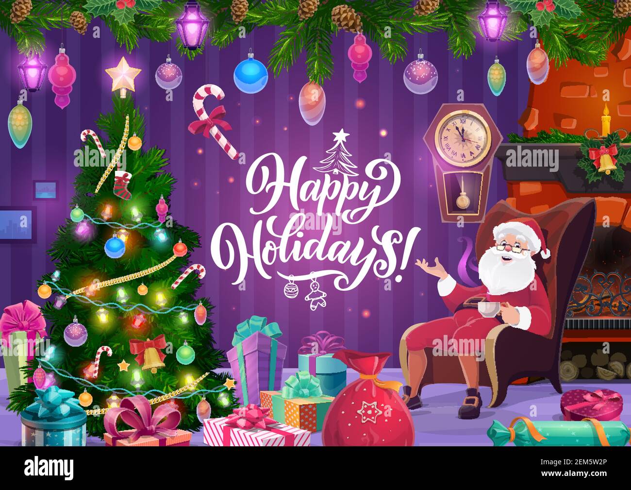 Santa sitting in armchair near fireplace and Christmas tree with gifts ...