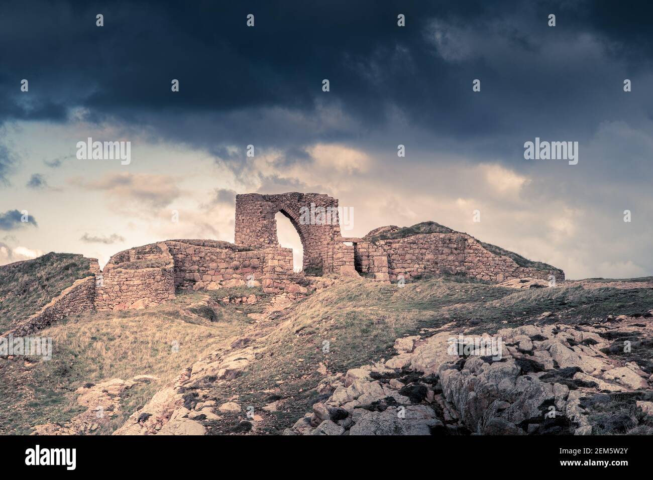 Remains of entrance gate to Grosnez castle, bailiwick of Jersey ...