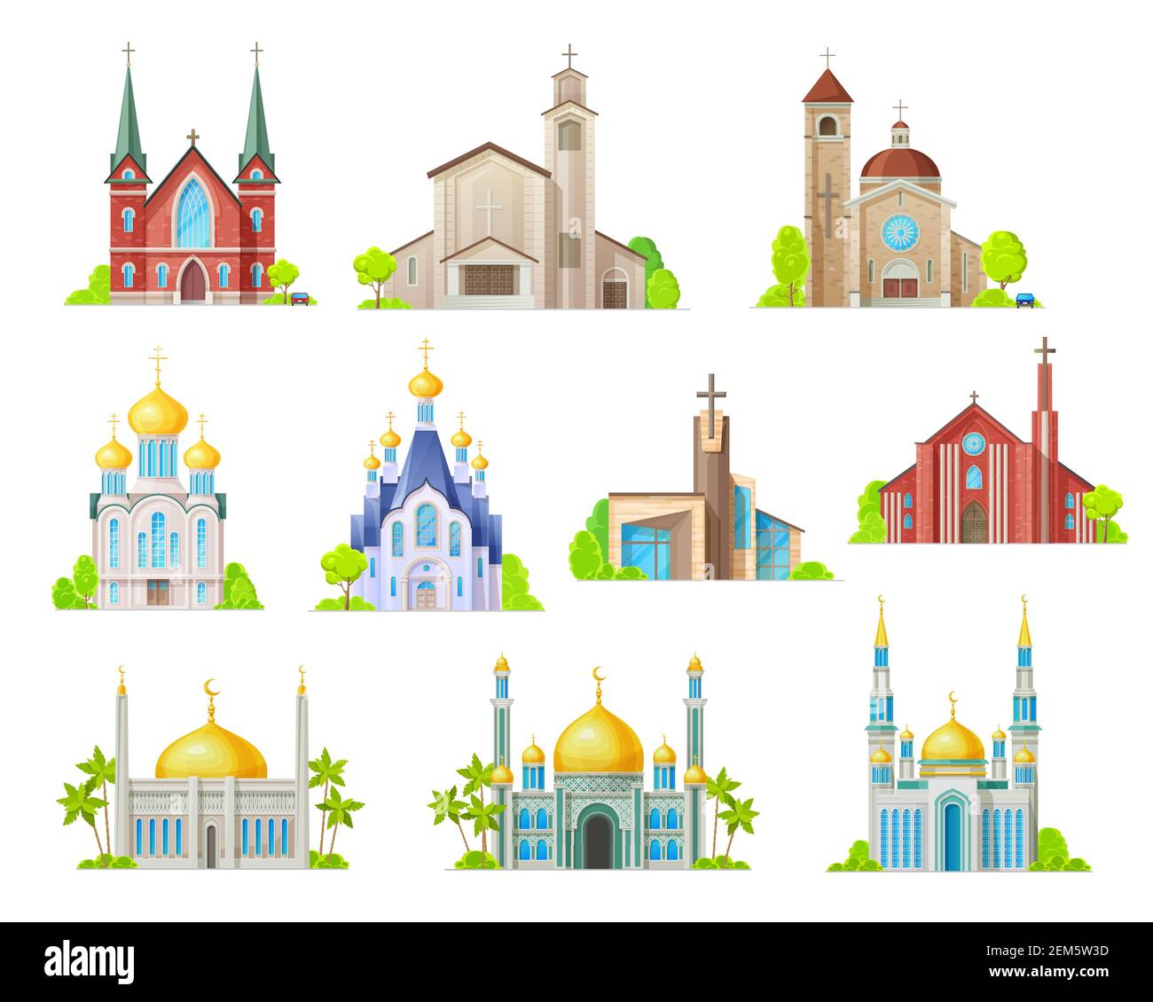 Religion building vector icons with churches, temples and mosques ...