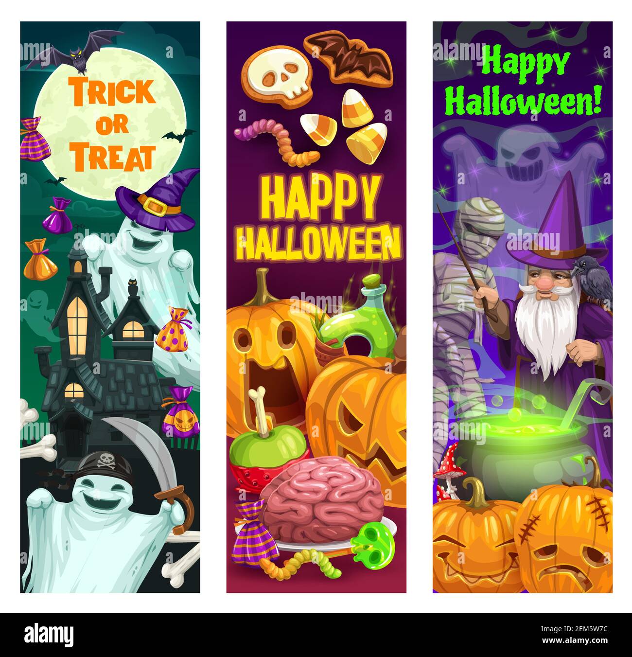 Halloween trick or treat party vector banners. Horror night ghosts ...
