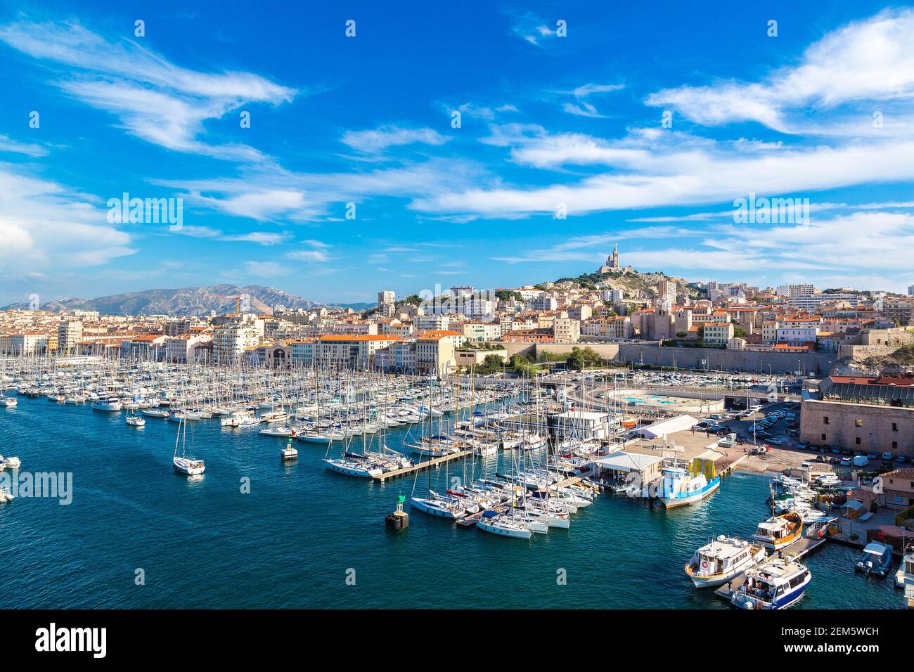Aerial panoramic view on basilica of Notre Dame de la Garde and old ...